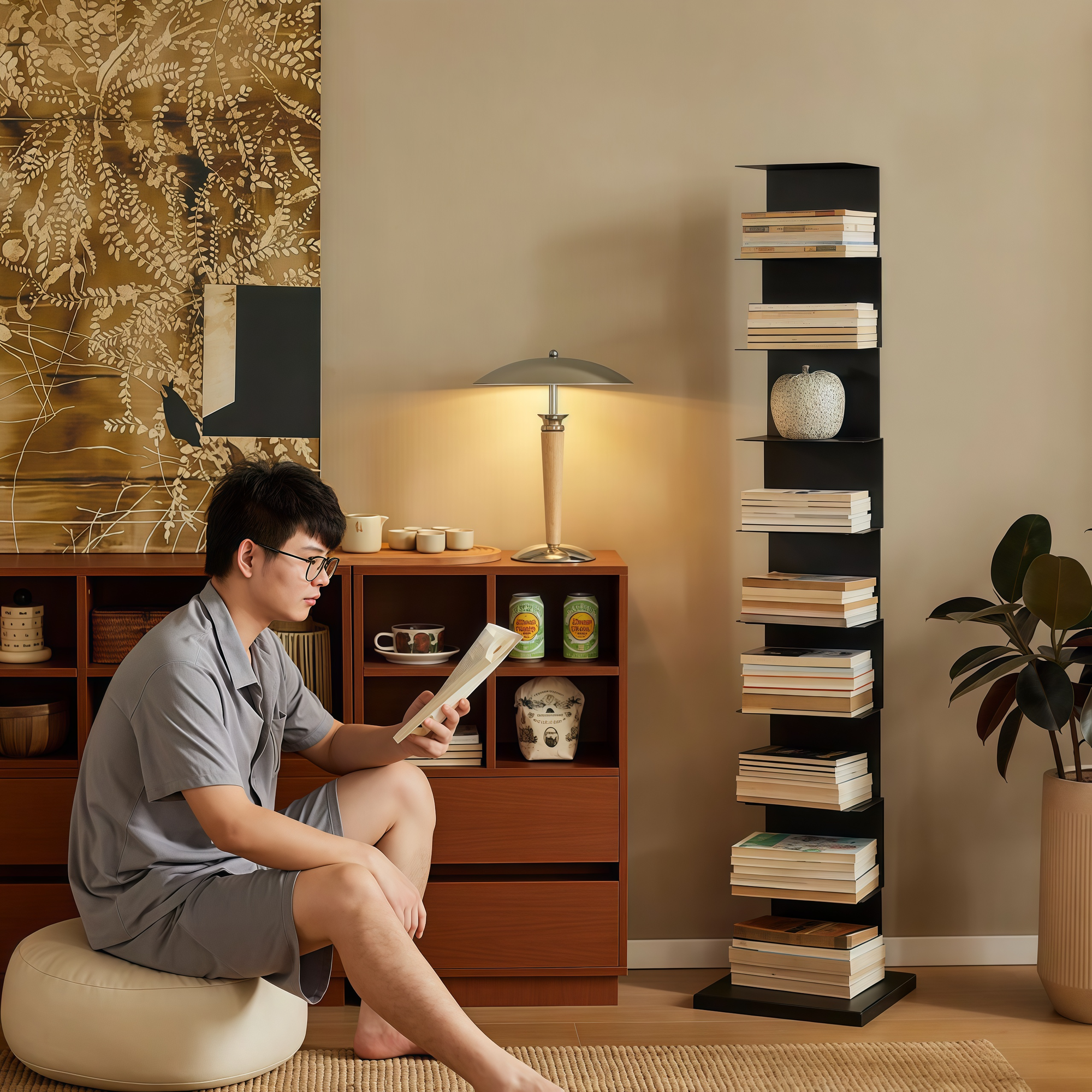 Стеллаж угловой деревянный, черный, 35*35*109см, напольная этажерка с полками для хранения книг , цветов и декора