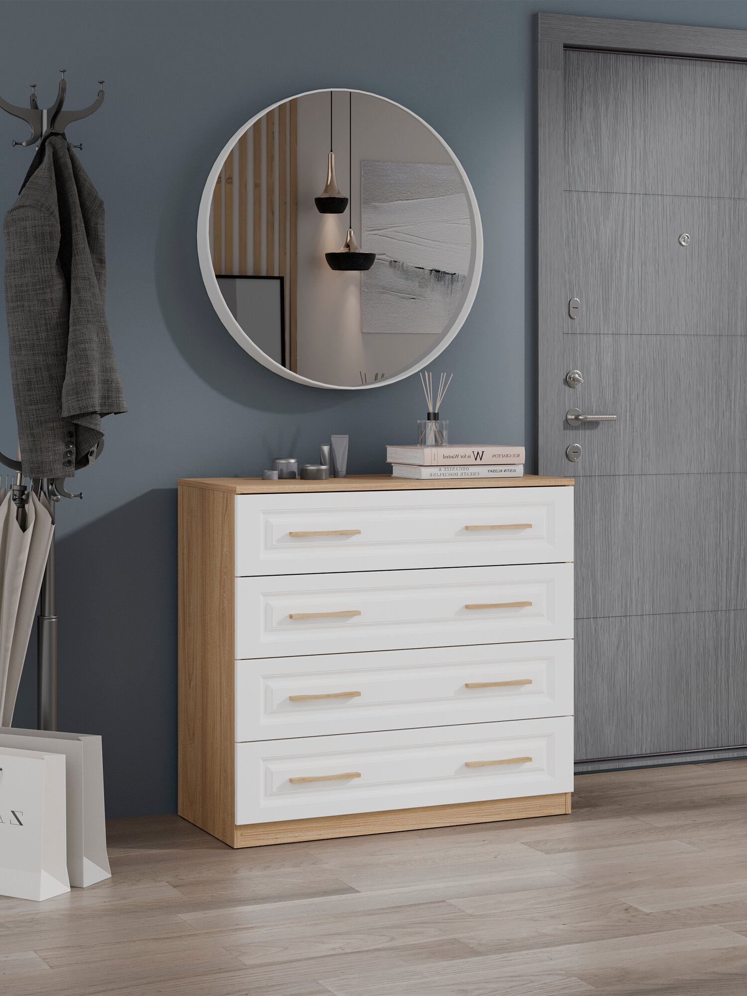 Комод Мебель Трия Сэнди, 4 ящика, Белый Жемчуг, Белый софт, 92.4х43х86.6 см