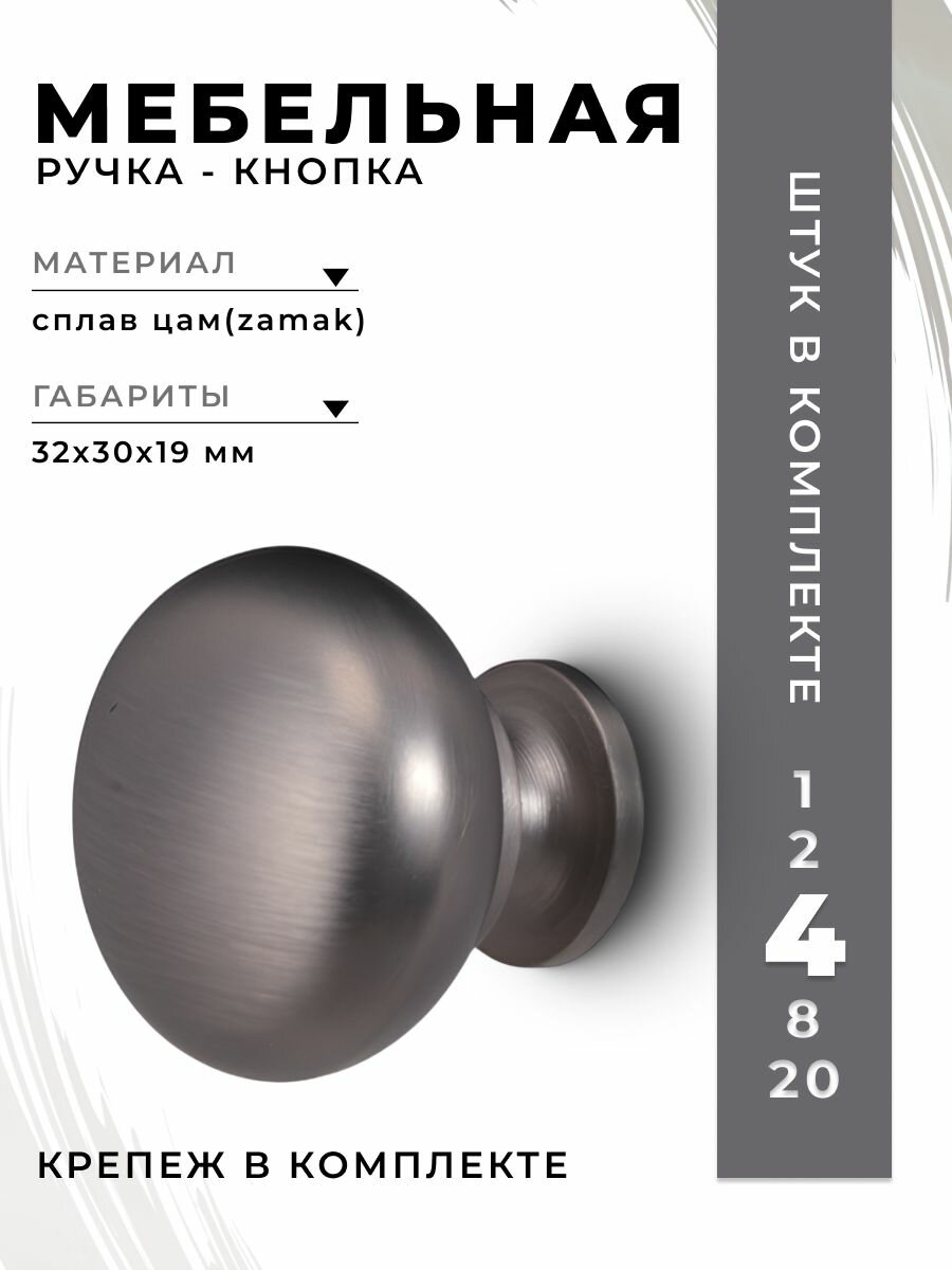 Ручка-кнопка мебельная Inred IN.01.3033.0. MBBN чёрный никель, комплект 4 шт, ручка для шкафов, комодов, кухни, для кухонного гарнитура, фурнитура для мебели