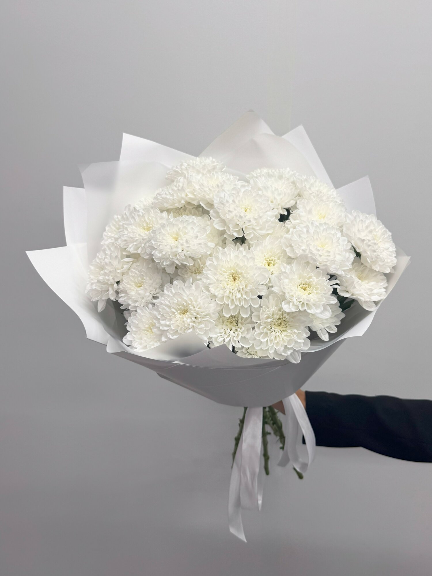Букет живых цветов, белые хризантемы 7 шт "Алтай" в упаковке, флау стор