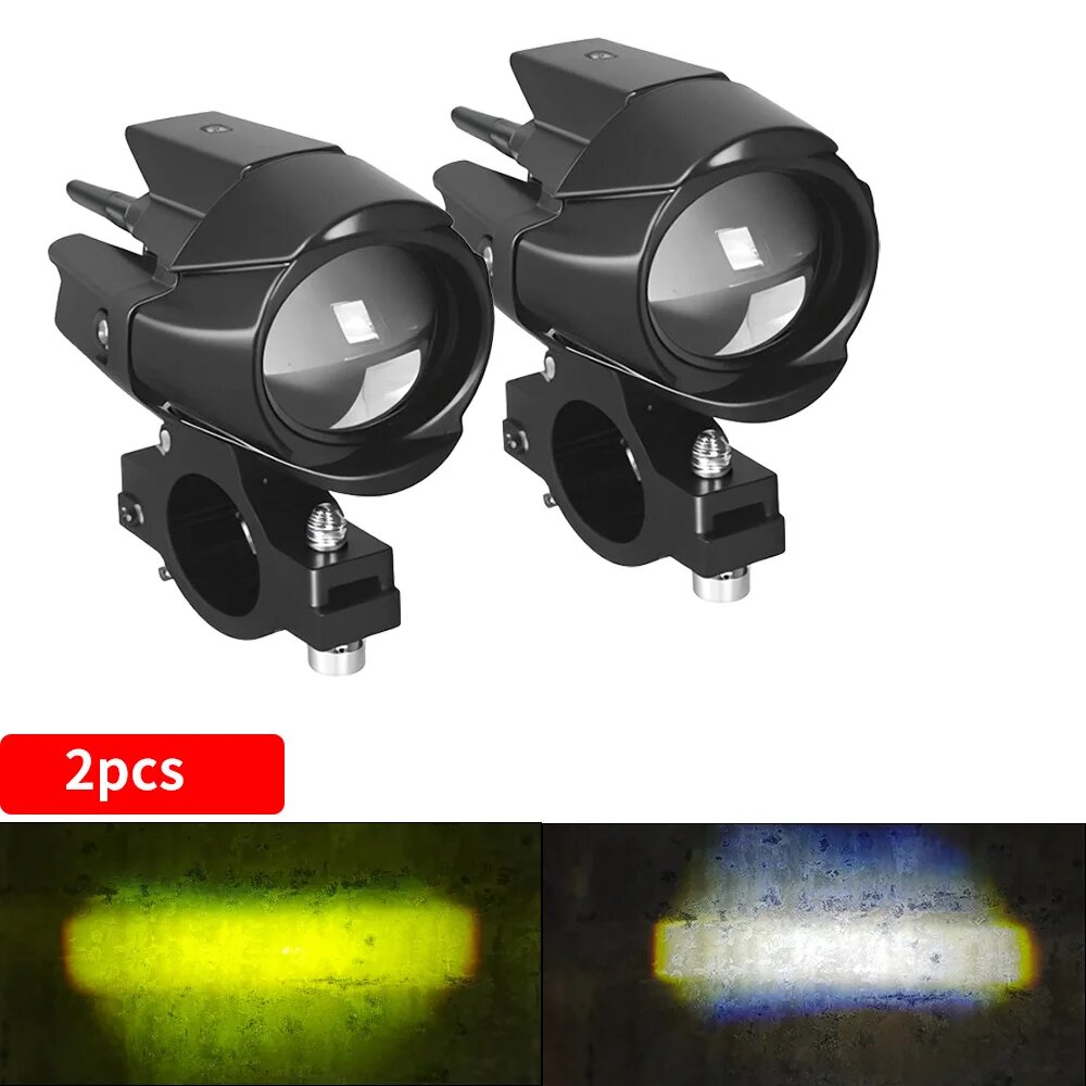 Дополнительные светодиодные фары для мотоциклов, светодиодные лампы 12-80 В, двухцветные, белые/янтарные, универсальные вспомогательные прожекторы, противотуманные фары 2 Light