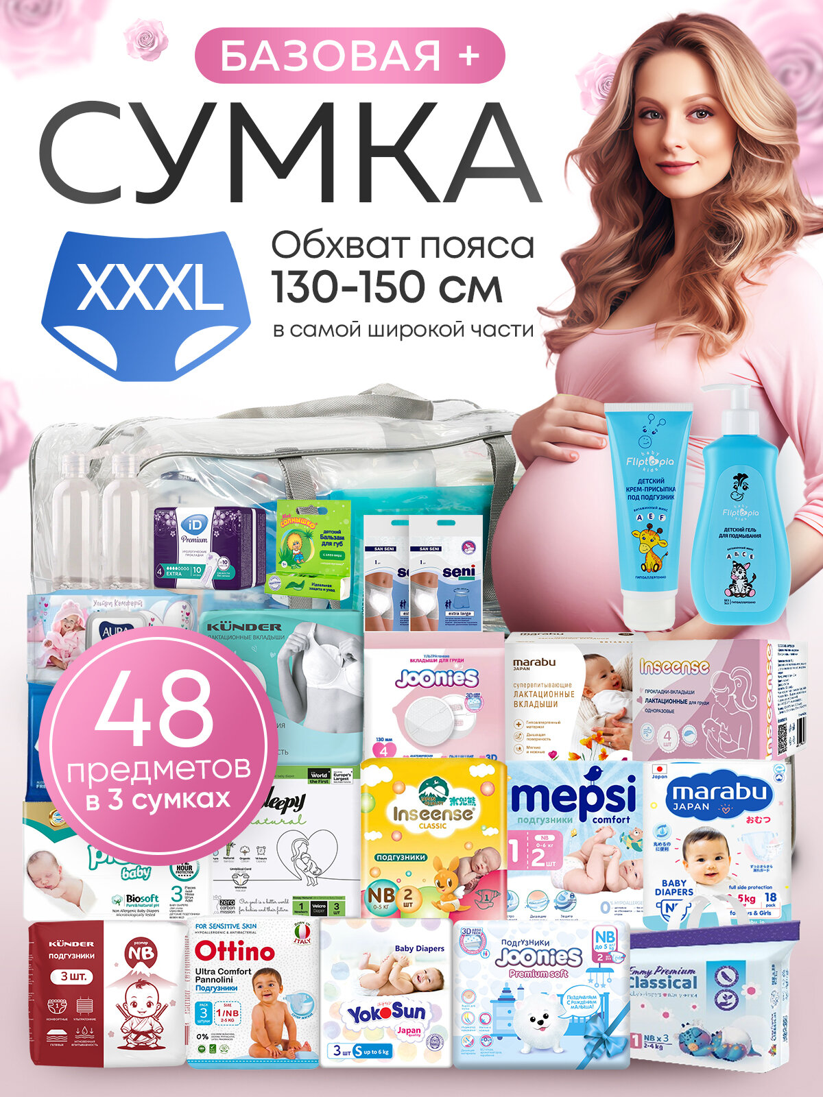 Готовая сумка в роддом для малыша и мамы BAZA PLUS, послеродовые трусы XXXL, 48 предметов, серая прозрачная