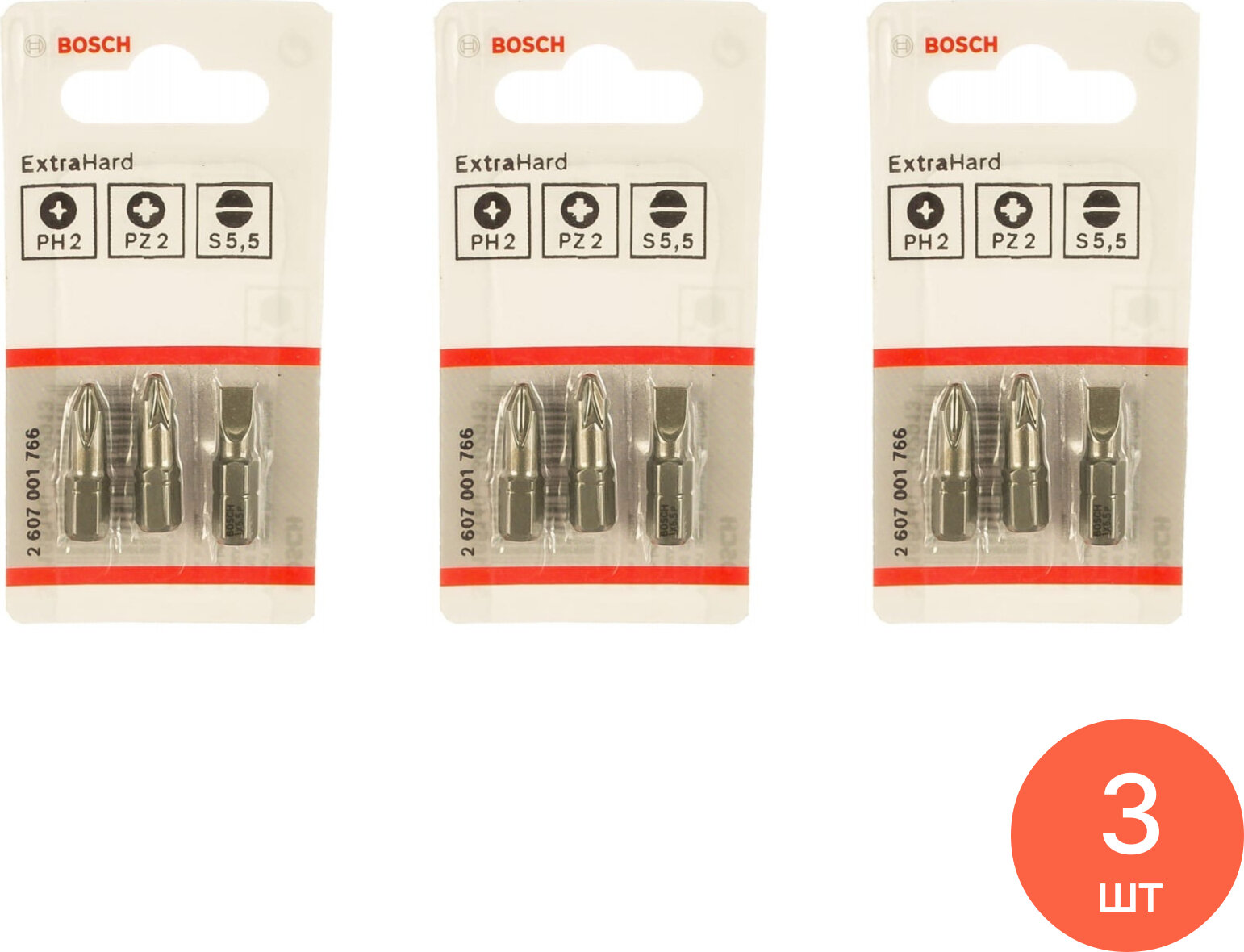 Набор бит для шуруповерта Bosch односторонние, из стали S2, наконечники PH2/PZ2/SL5.5, длина 25мм, в упаковке 3шт. / инструменты (комплект из 3 шт)