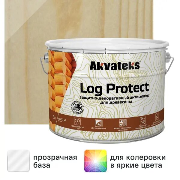 Антисептик защитно-декоративный для древесины и бревен Akvateks LOG Protect полуматовый прозрачный 9 л