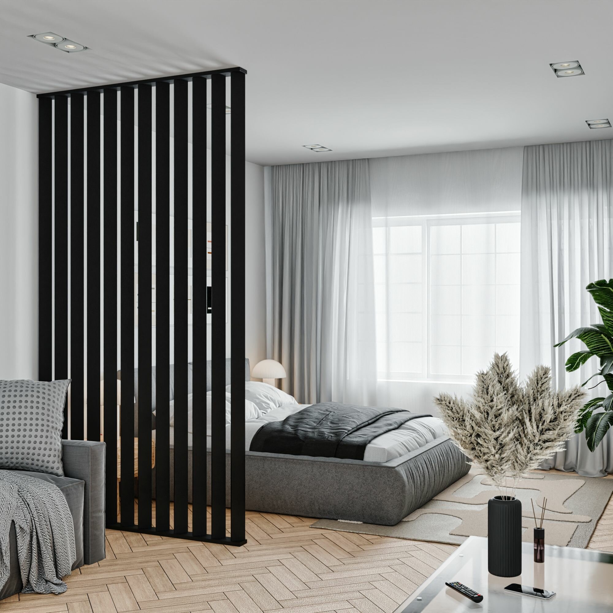 Реечная перегородка под 45 градусов, шириной 1482 мм, черный шагрень, 22х80 мм