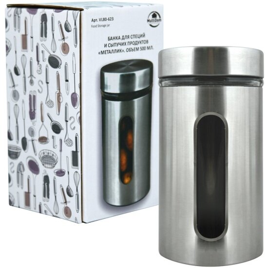 Банка Мультидом "Металлик" с крышкой, 500 мл, для специй и сыпучих продуктов (VL80-623)