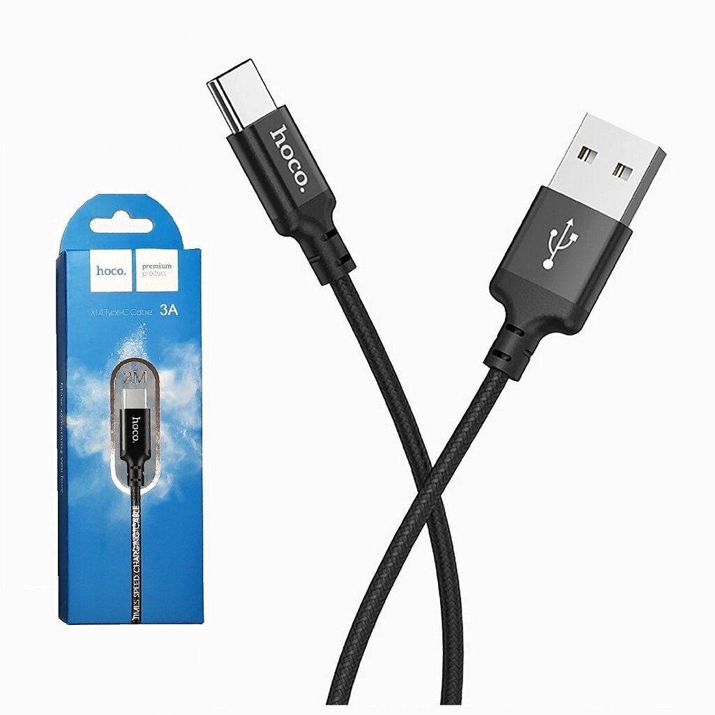 Кабель USB Type-C Hoco X14 Times speed, тканевая оплетка нейлон, 3A, 2 метра, черный