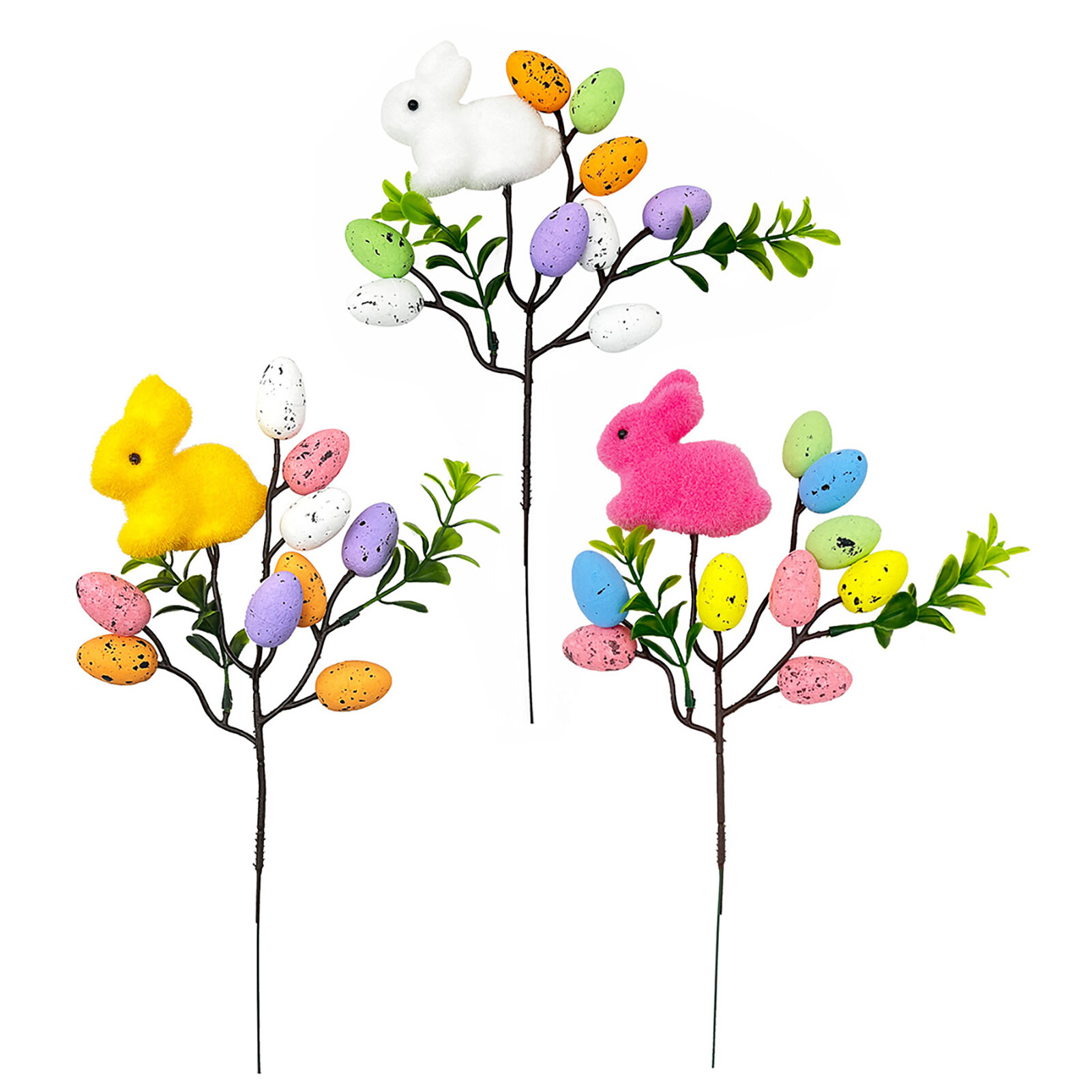 [Length 28cm Orange Bunny Arrangement + Length 28cm White Bunny Arrangement + Length 28cm Dark Pink Bunny Arrangement] 3pcs Easter Eggs Bunny Arrangement Foam Speckled Eggs Flocked Bunny Flower Branches Festive Party Decoration Inserts