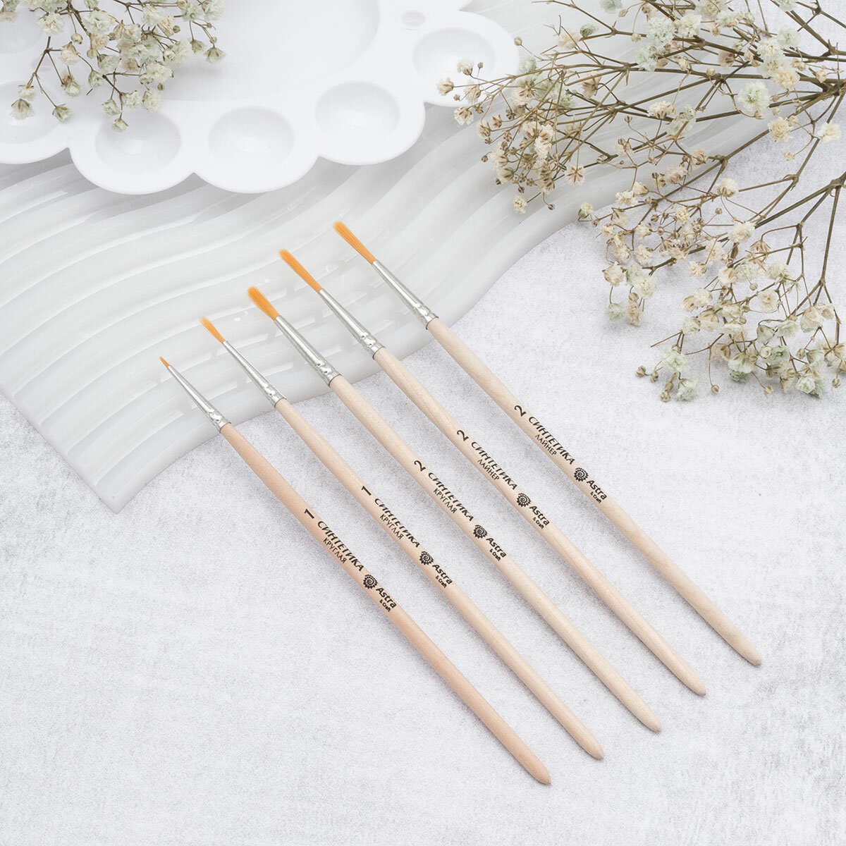 Кисточки для рисования набор № 5, синтетика, 5 шт (круглая № 1, 2, круглая № 1 укорченная 5 мм, лайнер № 2), Astra&Craft