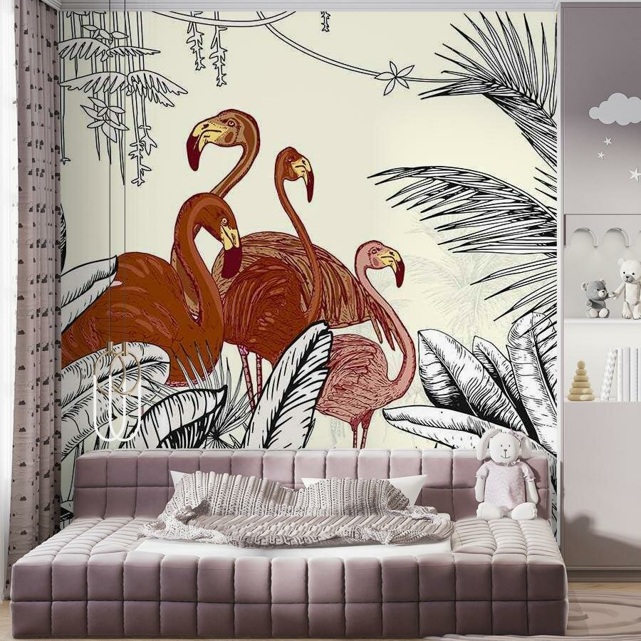 Фотообои Фламинго и попугаи в тропиках 12-1548-L-Флок 270 x 400 см (ВхШ) Бесшовные, флизелиновые, влагостойкие обои