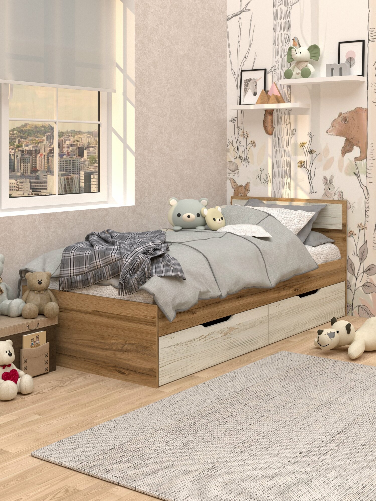 Есэндвич Монако Кровать 90х200 односпальная 203х78х93 см (Дуб вотан/Сосна винтерберг) с ящиками