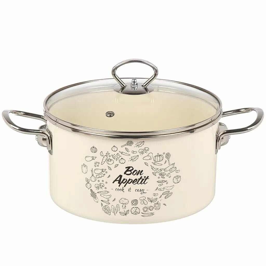 Кастрюля DANIKS эмалированная из стали, 4 л, крышка стеклянная, цилиндрическая, Bon Appetit, индукция