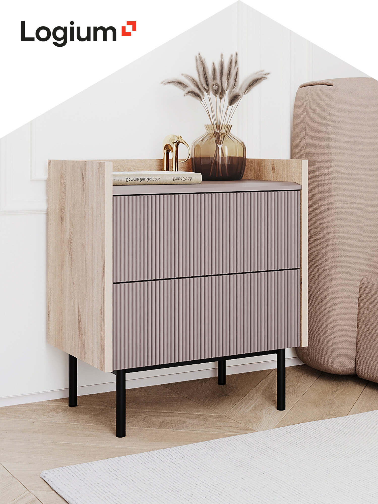 Тумба прикроватная с ящиками напольная, 50 х 36,5 х 58,5см, Наоми 16.11.04, Дуб Белый exclusive, Веллюто Капучино