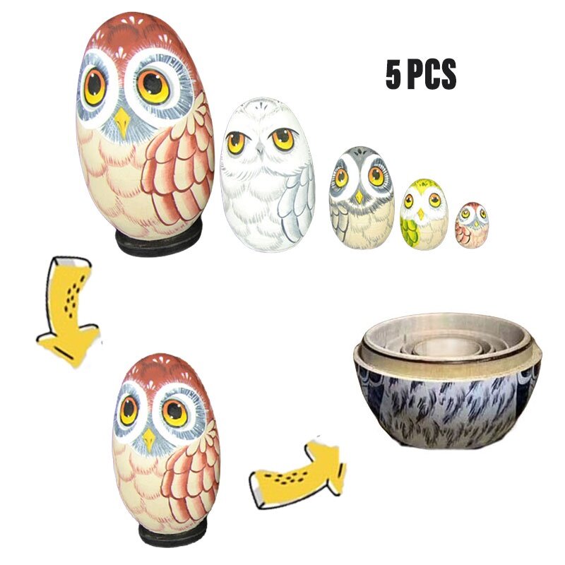 Матрёшка деревянная owl pattern, коричневый, техника ярких цветов