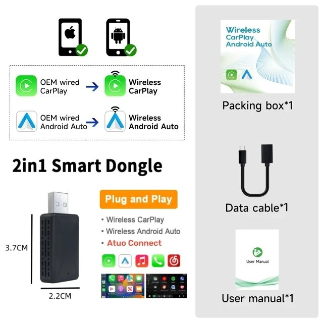 Беспроводной адаптер CarPlay Android Auto 2-в-1 Smart Dongle 2025 5G WIFI для iPhone, телефонов Android, Volvo, Mercedes-Benz, MG, Kia, Chery и Volkswagen