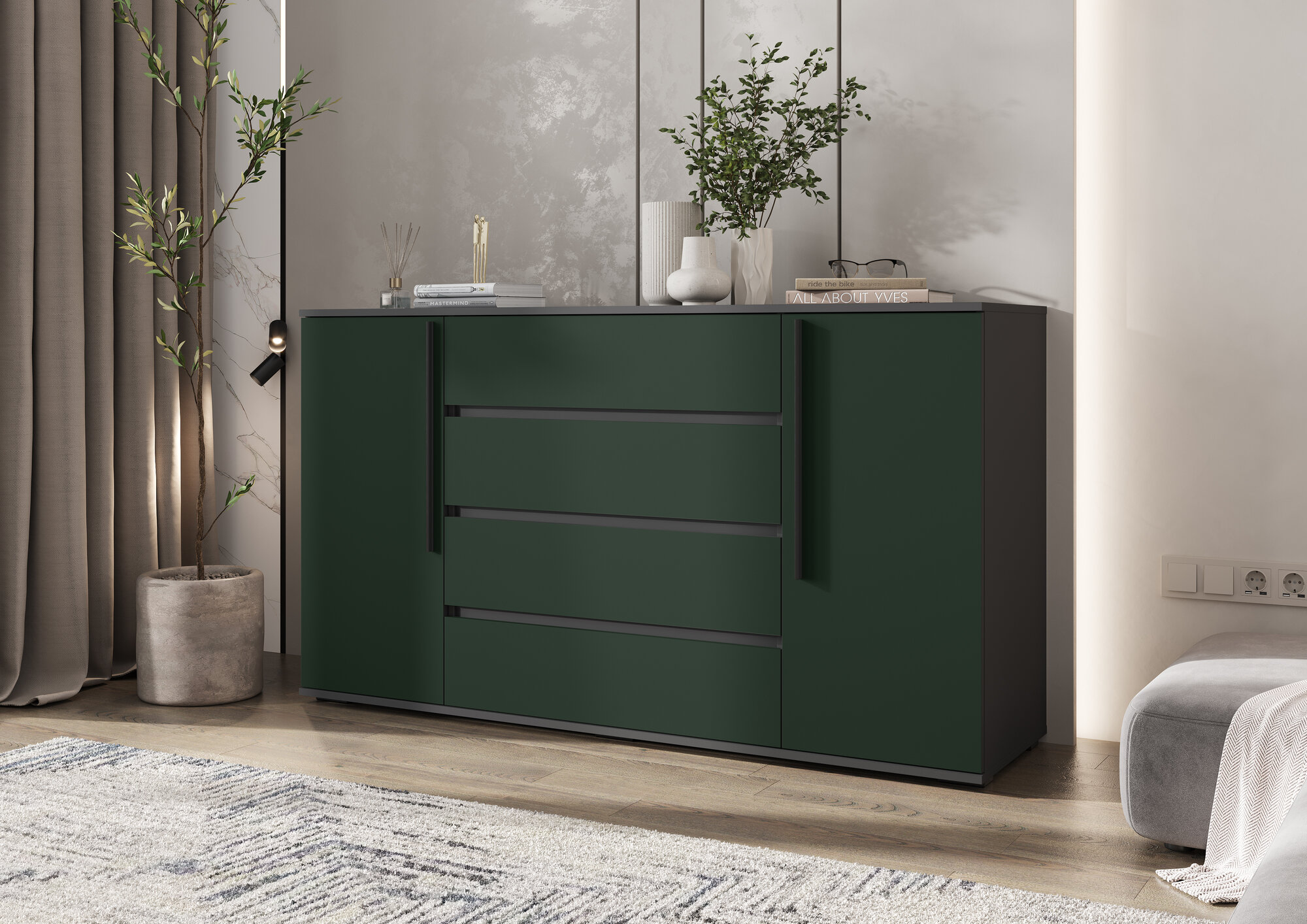 Норд Комод 2 двери 4 ящика (1600) Изумрудный (кромка Графит), Графит (Миф)