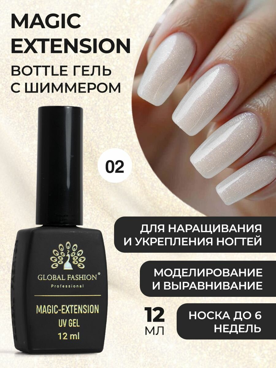 Global Fashion Молочный жидкий трёхфазный гель во флаконе с кистью для наращивания и укрепления ногтей Magic Extension с шиммером, 12 мл / №02 молочный пломбир