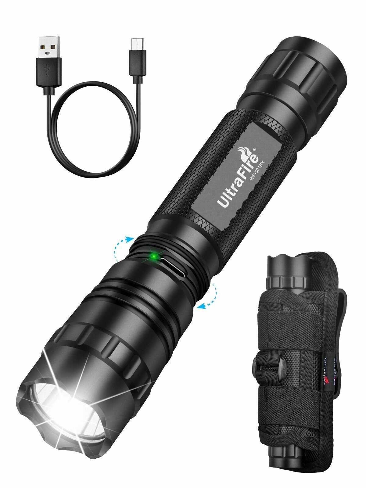 Тактический фонарь UltraFire WF-501BX, 1200 люмен, перезаряжаемый от USB, в кожаном чехле