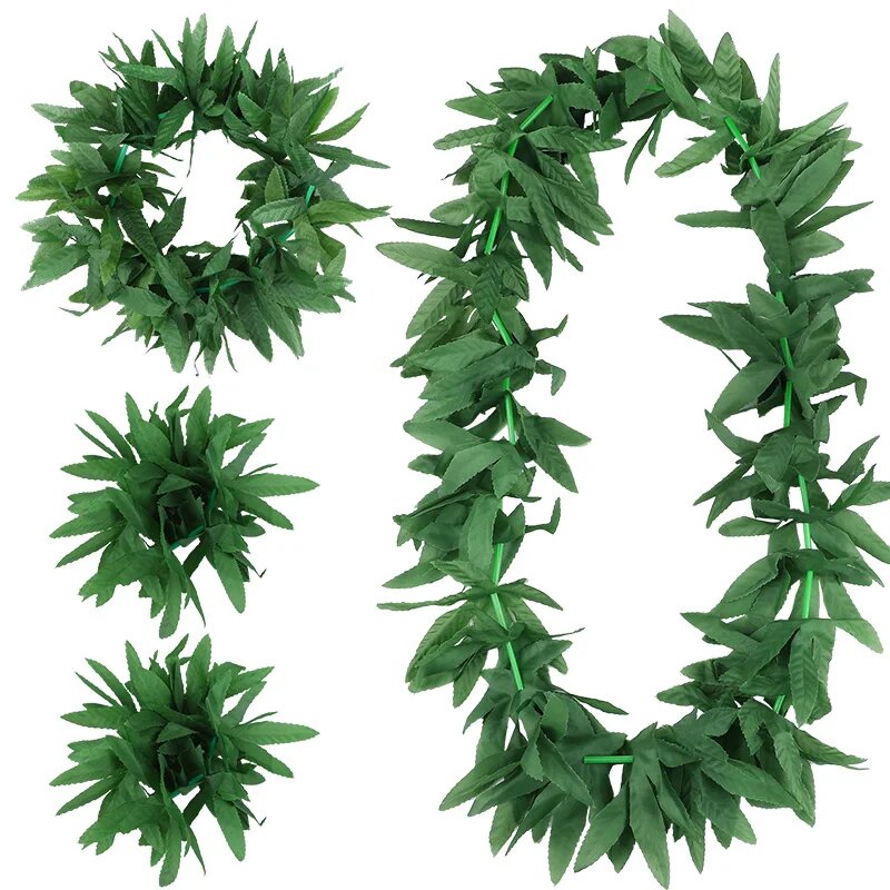 Гавайское Зеленое Ожерелье 1/4 Длины С Искусственными Листьями, Гирлянда-венок, Повязка На 4Pcs Set