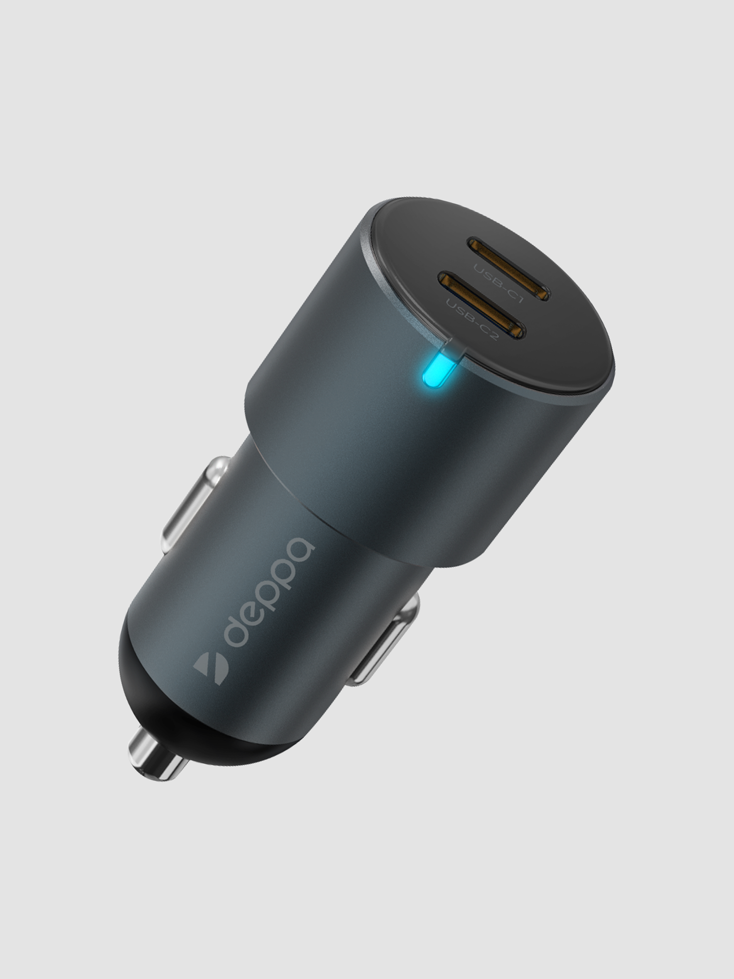 Автомобильное зарядное устройство 2xUSB-C, PD, 60Вт, металл, серый, Deppa, 11223
