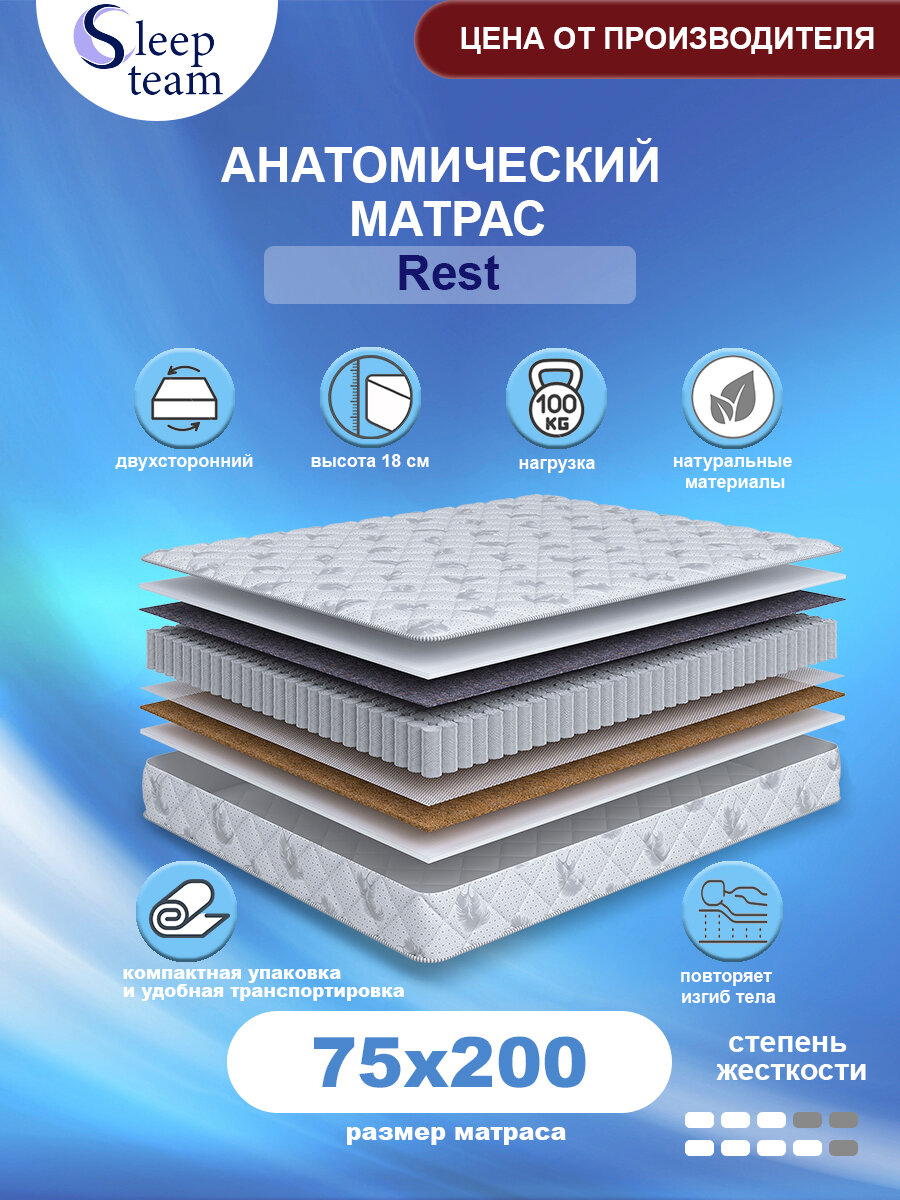 Матрас детский пружинный SleepTeam Rest 75х200, с независимыми пружинами, высота 18 см, односпальный