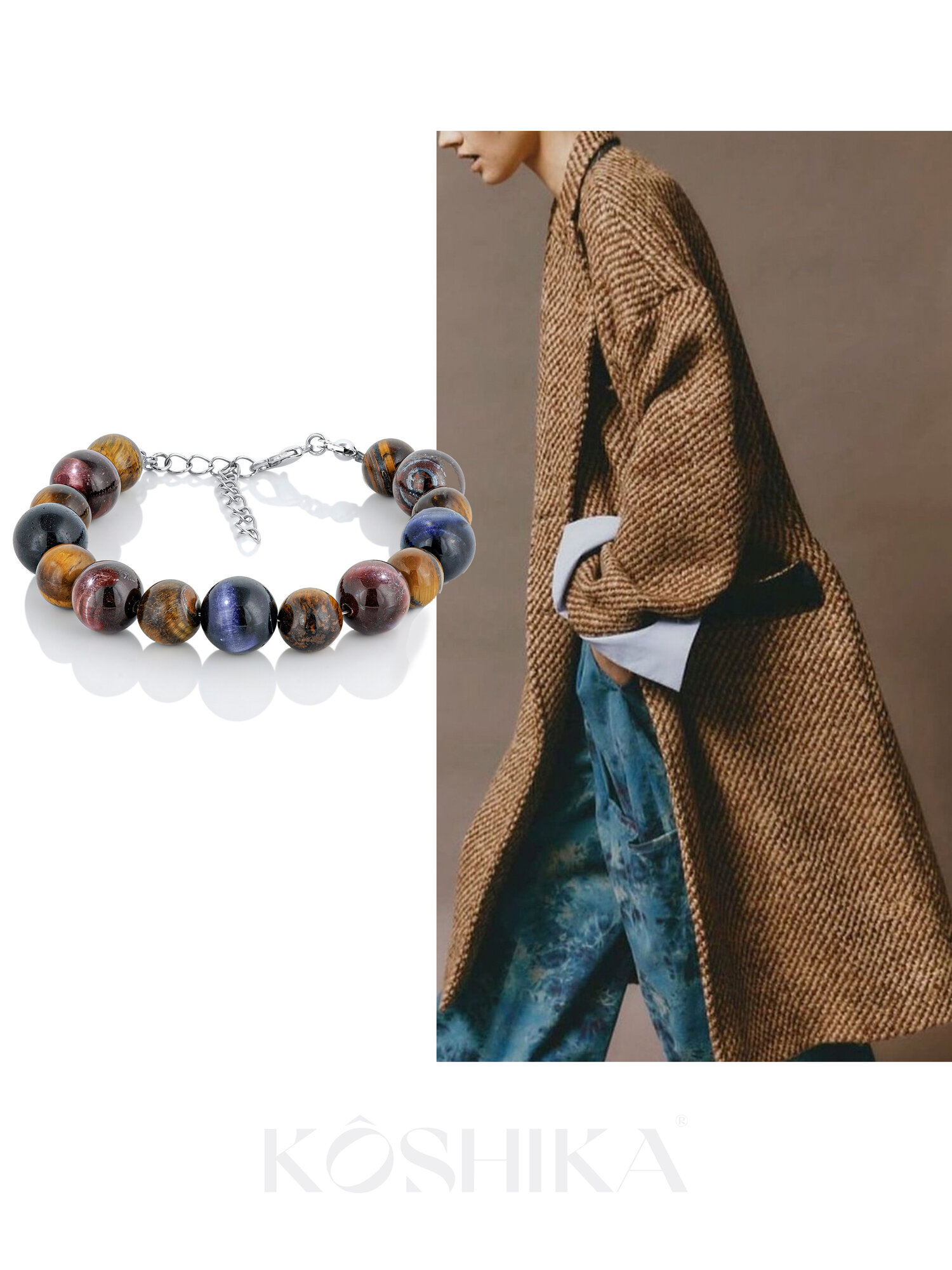 Жесткий браслет Koshika, тигровый глаз, бычий глаз, соколиный глаз