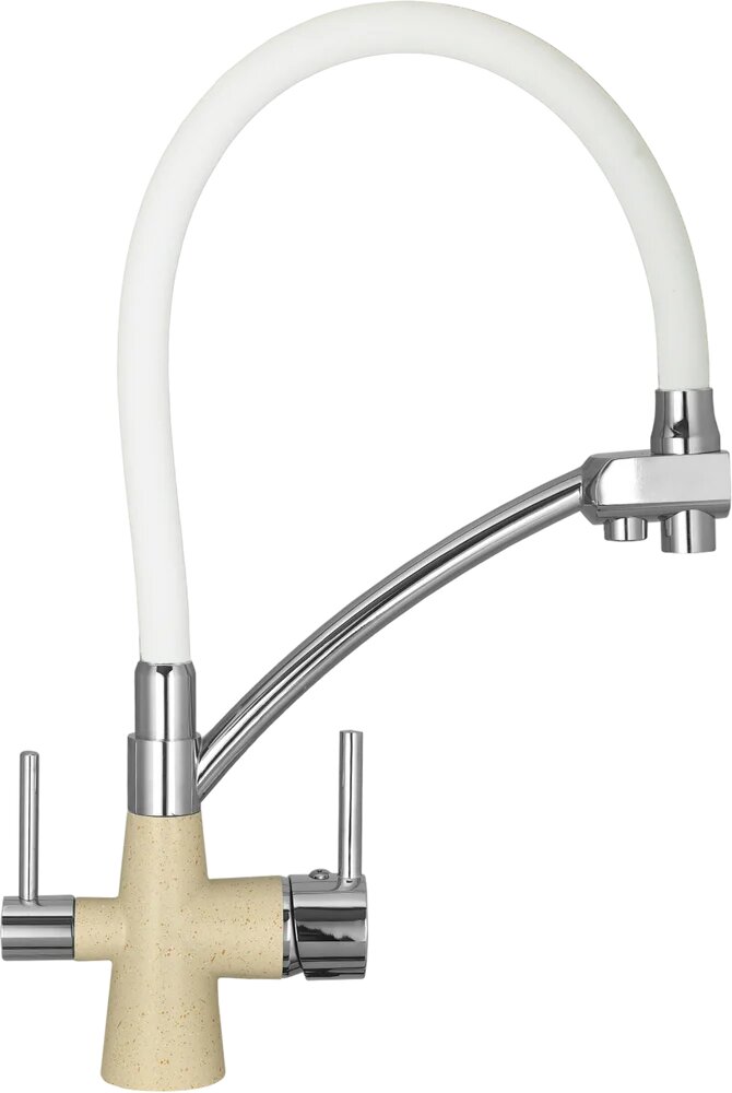 Смеситель для кухни Wisent W4855-20-3 с гибким изливом, с краном для питьевой воды, с поворотным изливом, белый, бежевый, матовый, однорычажный, латунный, с керамическим картриджем