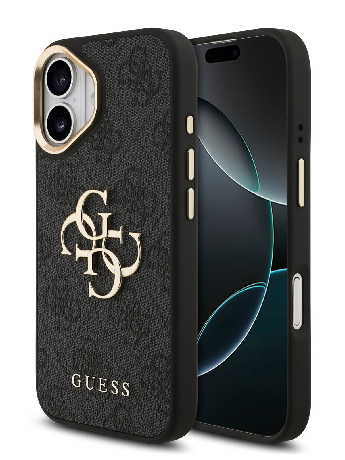 Чехол Guess на iPhone 17, из экокожи 4G, с защитой камеры и кнопками из металла, черный