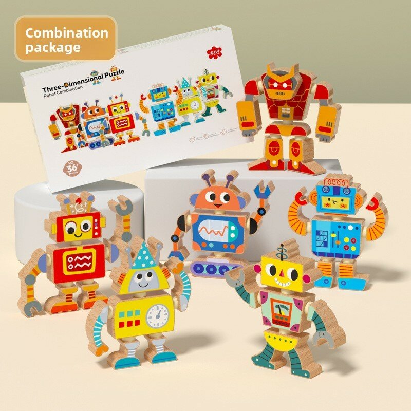 Стройматериал деревянный робот мультяшный сборный конструктор пазл набор из 6 штук для детей