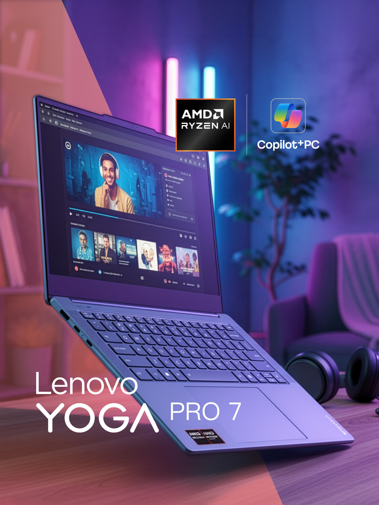 Ноутбук Lenovo Yoga Pro 7 14AKP10 83KG0014RK Tidal Teal, 14.5" 3K (2944x1840) 90Hz, AMD Ryzen AI 7 350, AMD Radeon 860M, 32GB LPDDR5x-8000MHz, 1 TB SSD PCIe GEN4, WINDOWS 11 HOME, клавиатура RU/US, гарантия 1 год