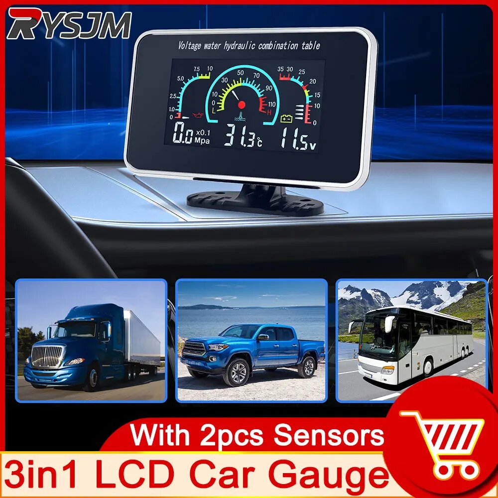3-в-1 автомобильный ЖК-метр, цифровой датчик давления масла, напряжения, температуры воды, датчик давления масла 1/8NPT 9-36 В для автомобиля, грузовика, внедорожника, автофургона