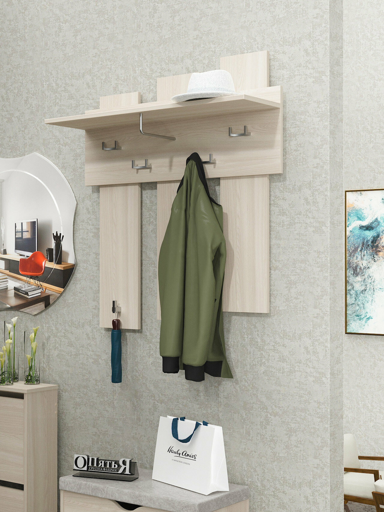 Вешалка настенная на 5 крючков, с полкой для акссесуаров