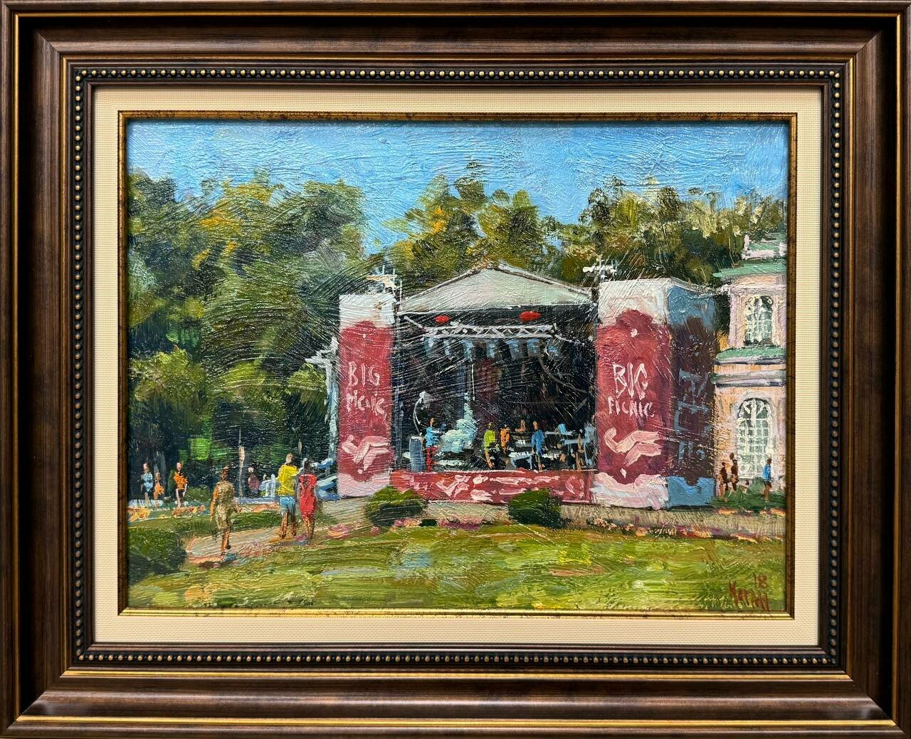 Картина маслом на мдф, городской пейзаж "Кусково. Подготовка к концерту", 2018 г, 30х40 см. Автор Коган Борис