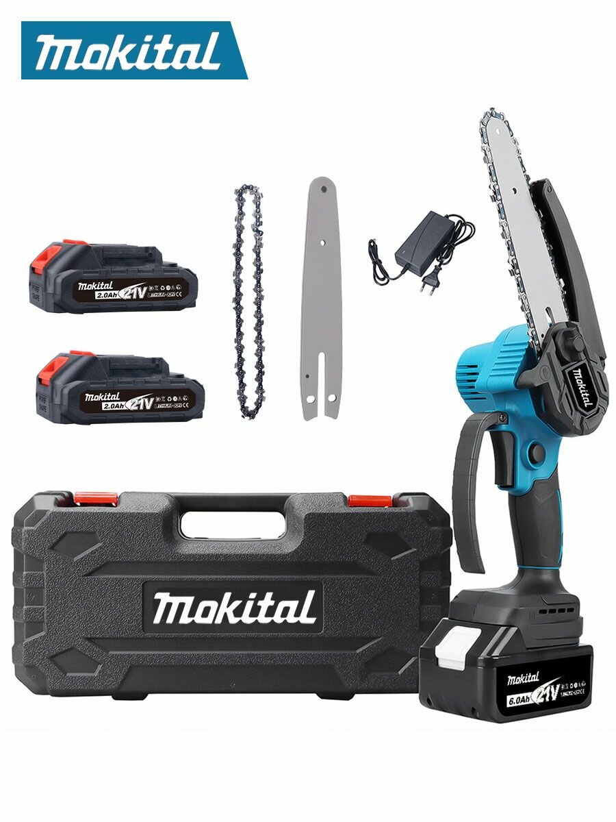 Пила аккумуляторная цепная 6 Дюймов, 21 В, 2 Ач, 2 АКБ, 380 Вт