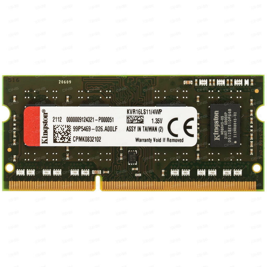 Оперативная память Kingston ValueRAM (KVR16LS11/4WP) SODIMM DDR3L 4ГБ - DDR3L, 4ГБх1, 1600 МГц, PC12800, тайминги: 11-Х-Х-Х