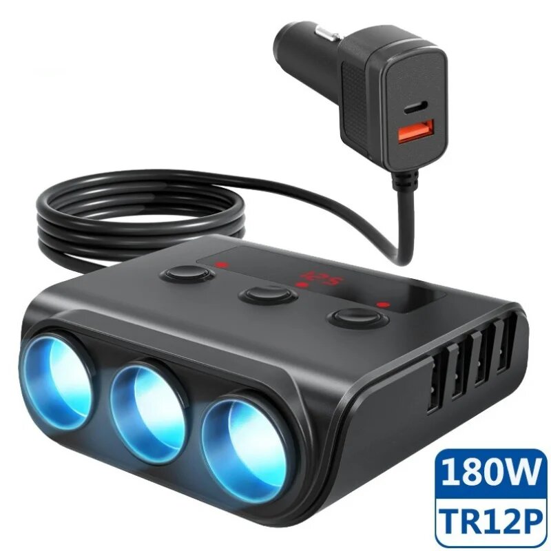 Автомобильный прикуриватель 180 Вт с несколькими розетками, тройной разветвитель с переключателем, цифровой дисплей напряжения, 5 USB-портов, адаптер зарядного устройства типа C, 180W