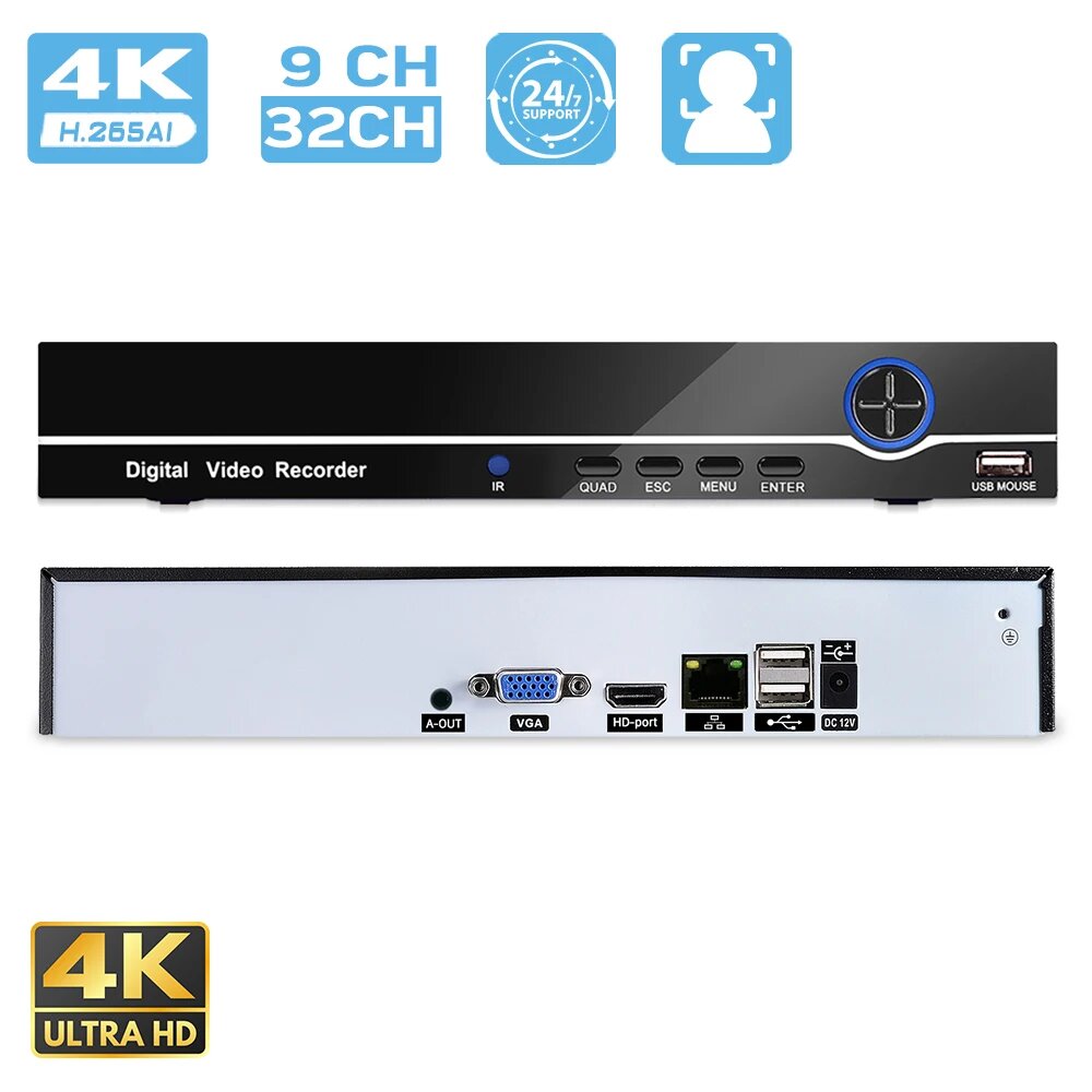 Besder 32CH 16CH H.265 4K Выход CCTV NVR 9CH сетевой видеорегистратор H.265 Xmeye P2P ONVIF CCTV безопасности DVR AI Распознавание лиц, Вилка европейского стандарта, Нет, 16CH
