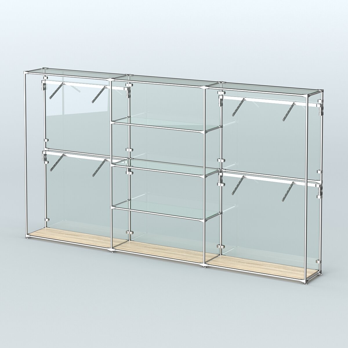 Торговая система хром (задняя стенка - стекло) 3600 мм с прозрачными полками и поручнями №5, Дуб Сонома