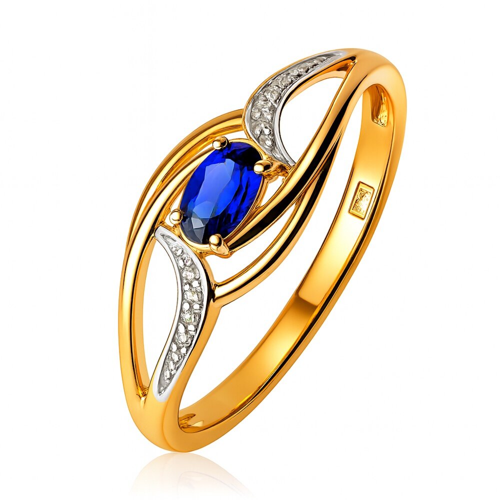 Кольцо, красное золото, 375 проба, золочение, бриллиант, сапфир синтетический