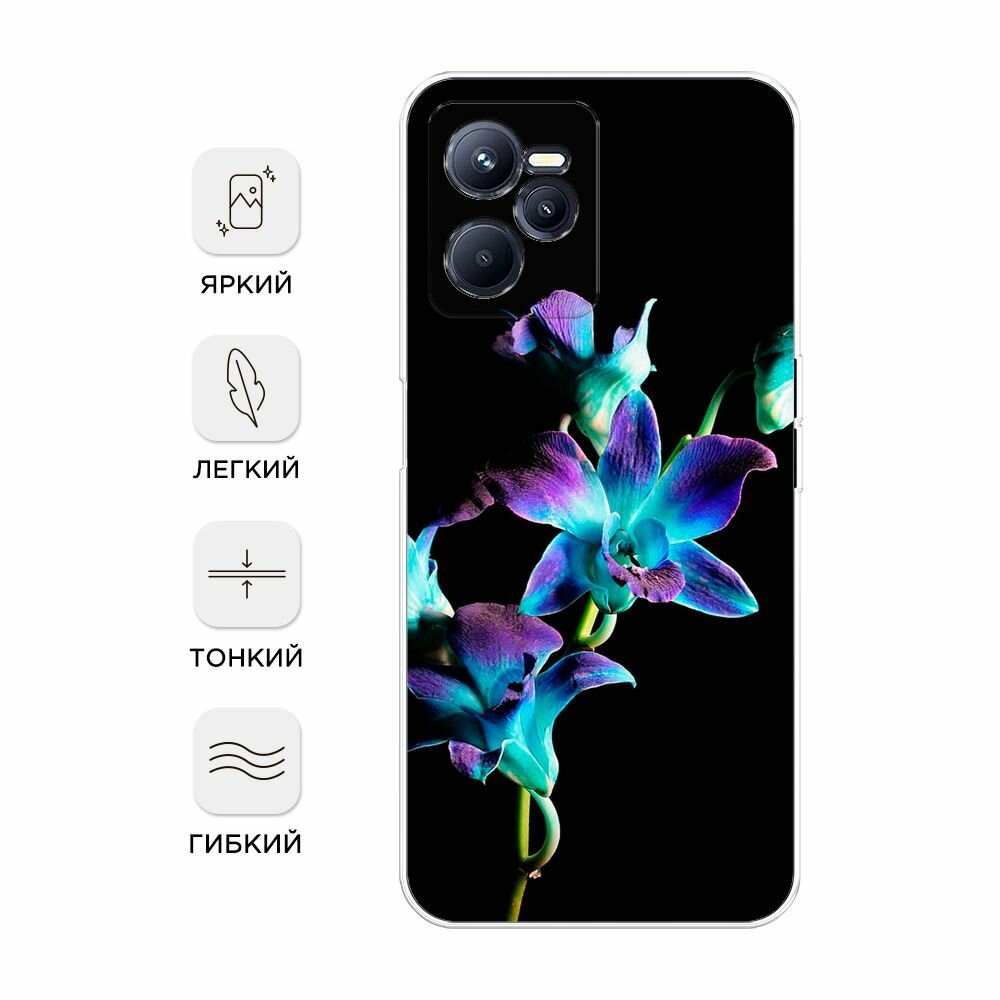 Чехол на Realme C35 / Реалми C35 с принтом "Синий цветок на черном" — фото 1