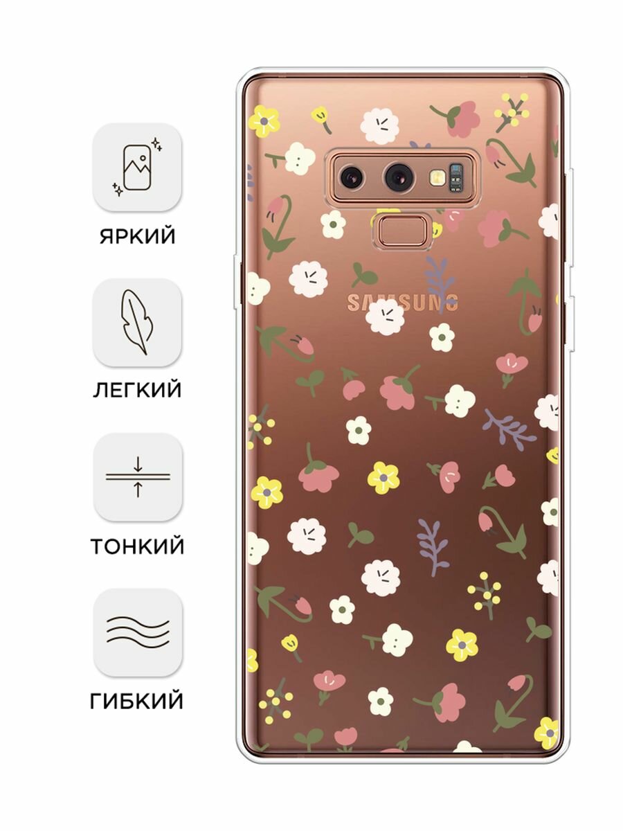 Чехол на Samsung Galaxy Note 9 / Самсунг Галакси Нот 9 с принтом "Россыпь цветов рисунок", прозрачный — фото 1