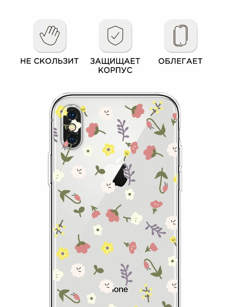 Чехол на Apple iPhone XS Max / Айфон XS Max с принтом "Россыпь цветов рисунок", прозрачный — фото 1