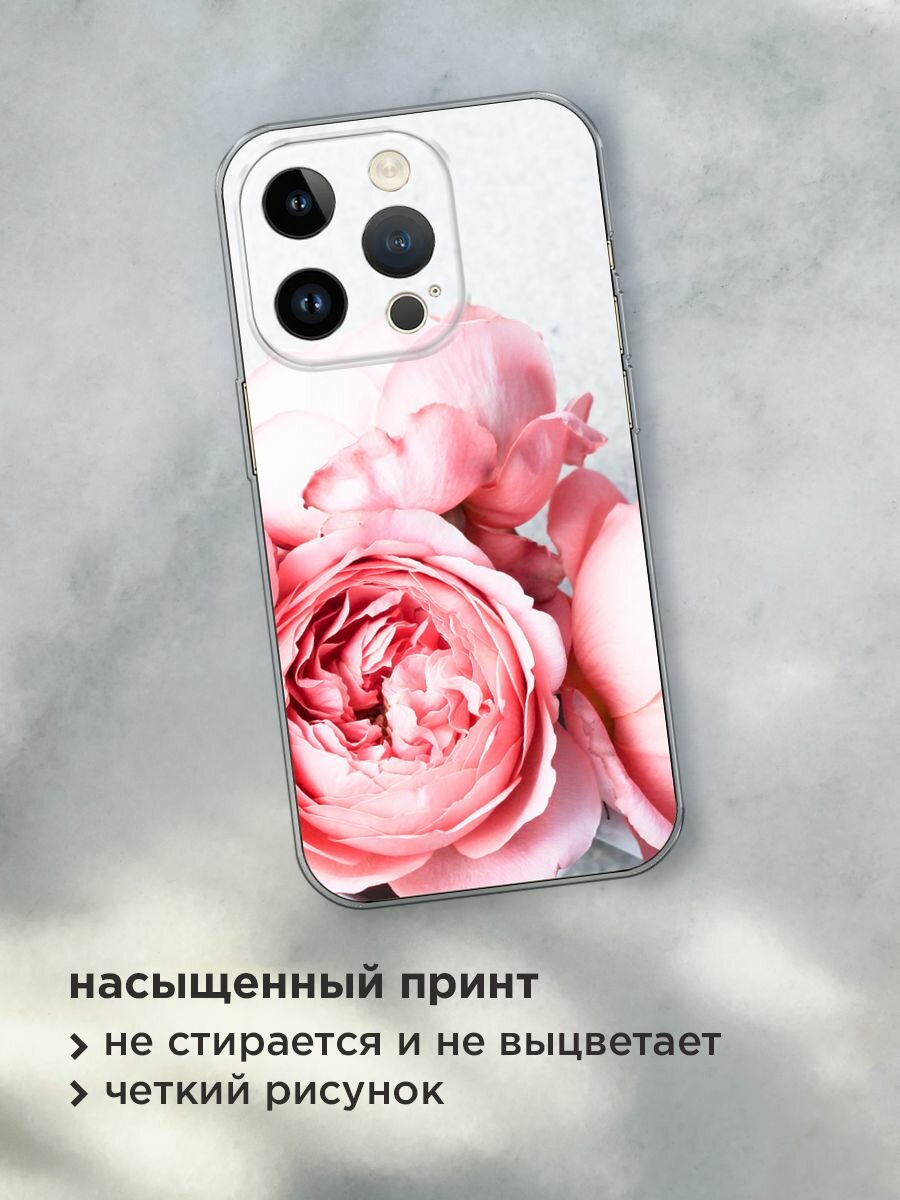 Чехол на Apple iPhone 14 Pro / Айфон 14 Про с принтом "Пионы на белом" — фото 1