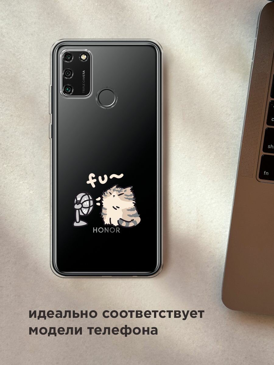 Чехол на Honor 9A / Хонор 9А с принтом "Котик с вентилятором", прозрачный — фото 1