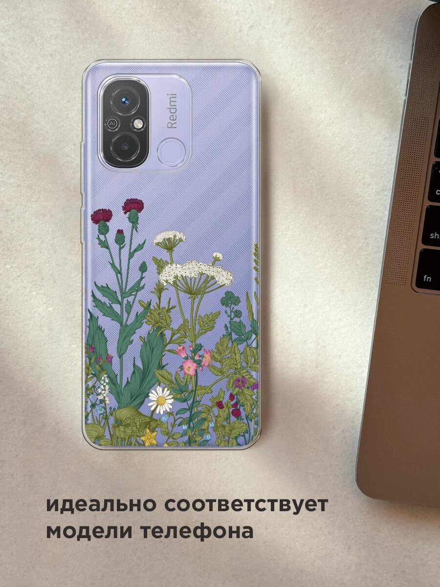 Чехол на Xiaomi Redmi 12C/Poco C55 / Редми 12C/Поко С55 с принтом "Дикие полевые цветы", прозрачный — фото 1