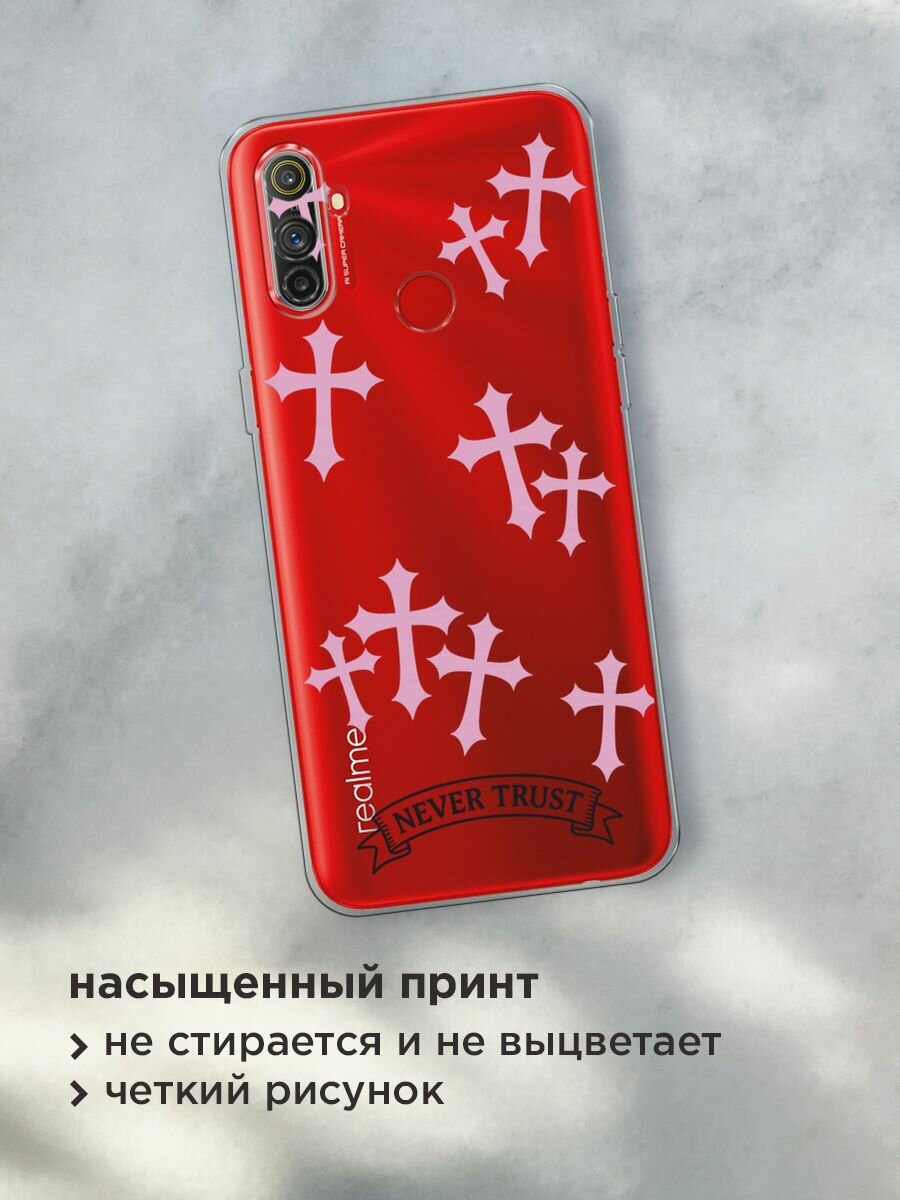 Чехол на Realme C3 / Реалми C3 с принтом "Розовые кресты", прозрачный — фото 1