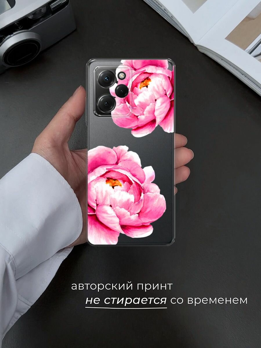 Чехол на Xiaomi Poco X5 Pro 5G / Сяоми Поко X5 Про 5G с принтом "Open peonies", прозрачный — фото 1