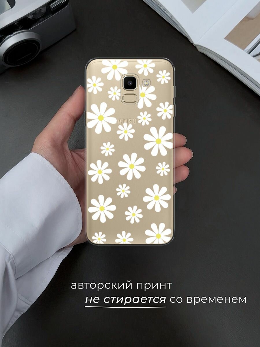 Чехол на Samsung Galaxy J6 2018 / Самсунг Галакси Джей 6 2018 с принтом "Большие ромашки", прозрачный — фото 1