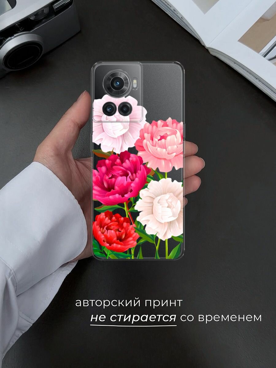 Чехол на OnePlus 10R/Ace / Ван Плас 10R/Ace с принтом "Большие пионы", прозрачный — фото 1