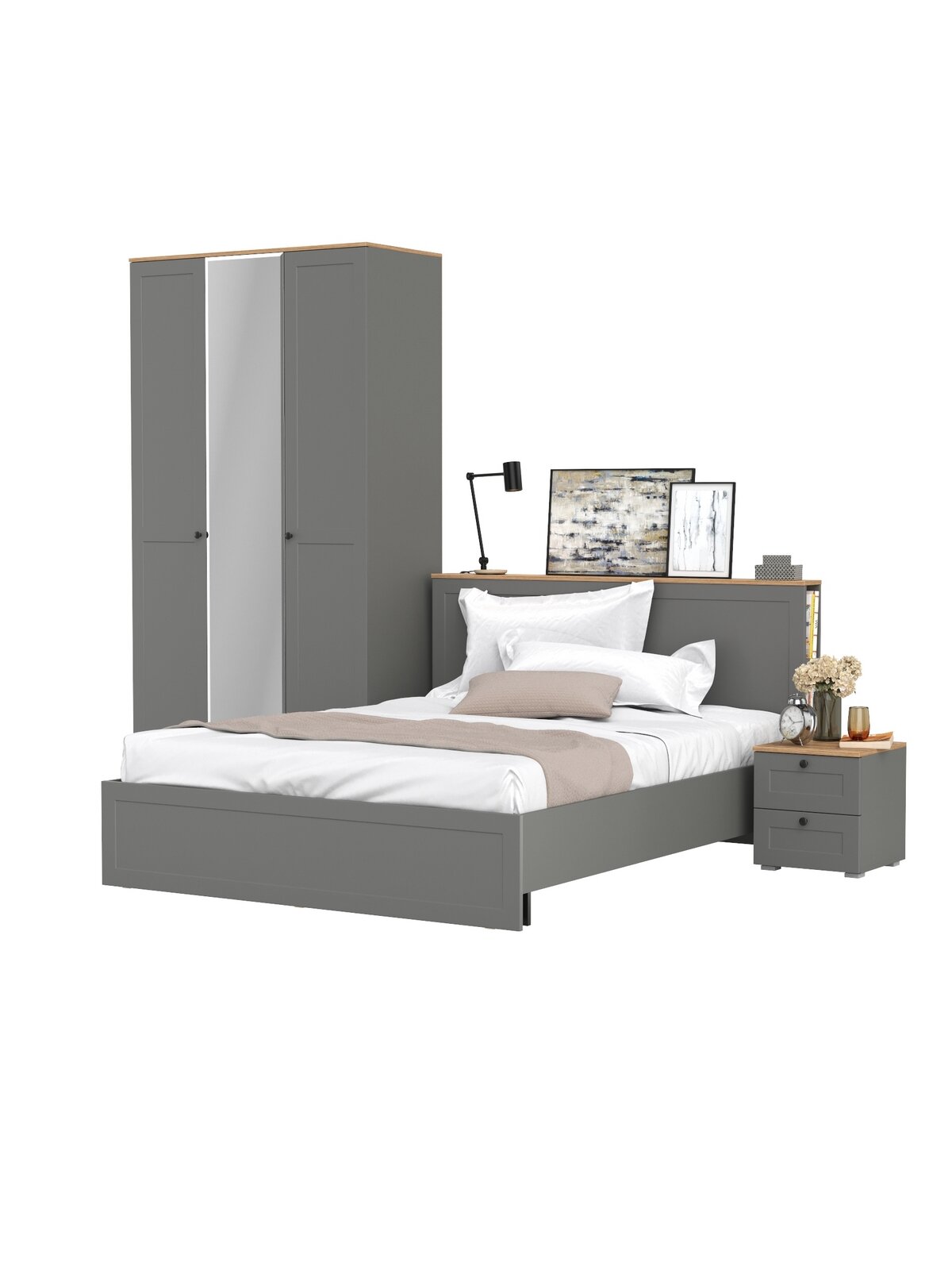 Гарнитур спальный из шкафа с зеркалом с кроватью Остин 11.53 с ортопедом и тумбочки, серый графит/дуб крафт